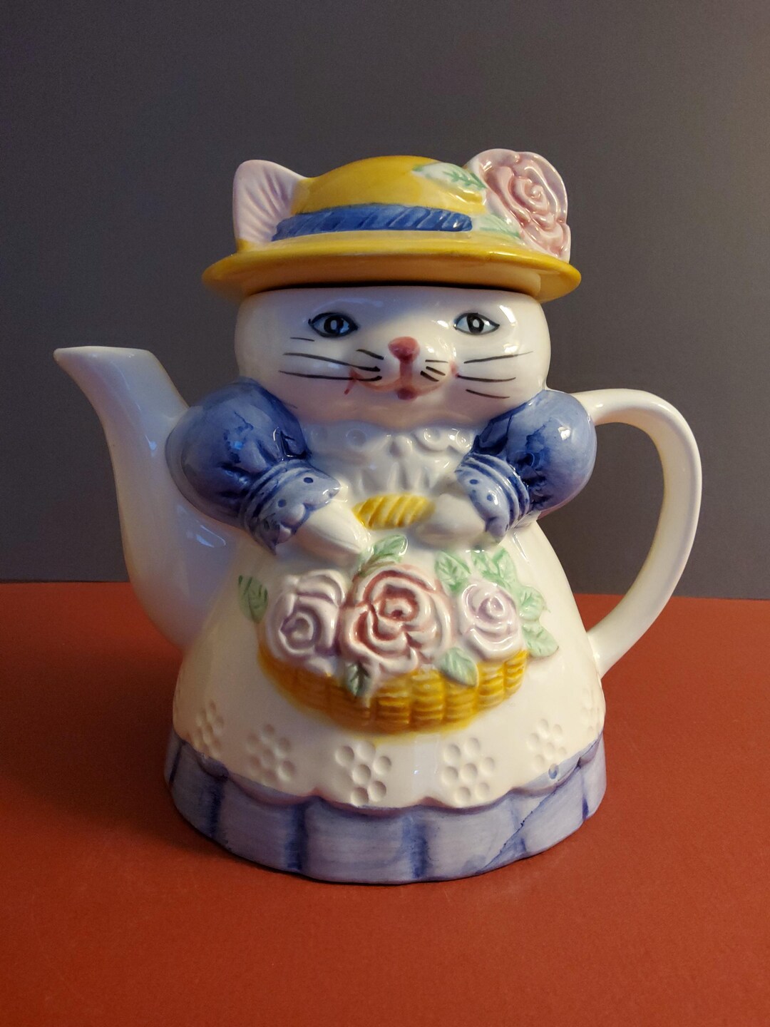 Ceramic Cat Teapot - Floral Dress and Yellow Hat - Etsy