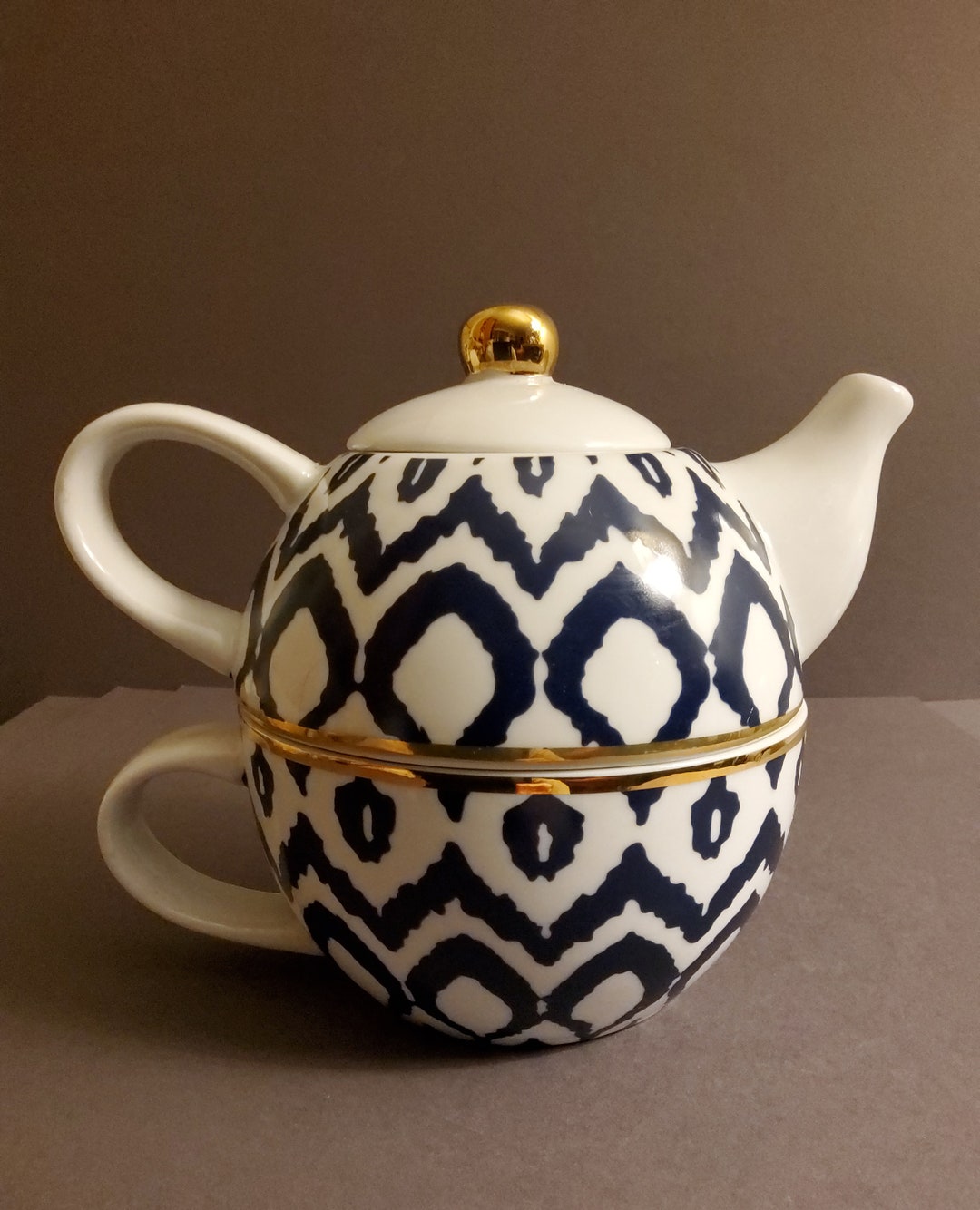 Navy and White With Gold Trim Teapot& Cup - Etsy