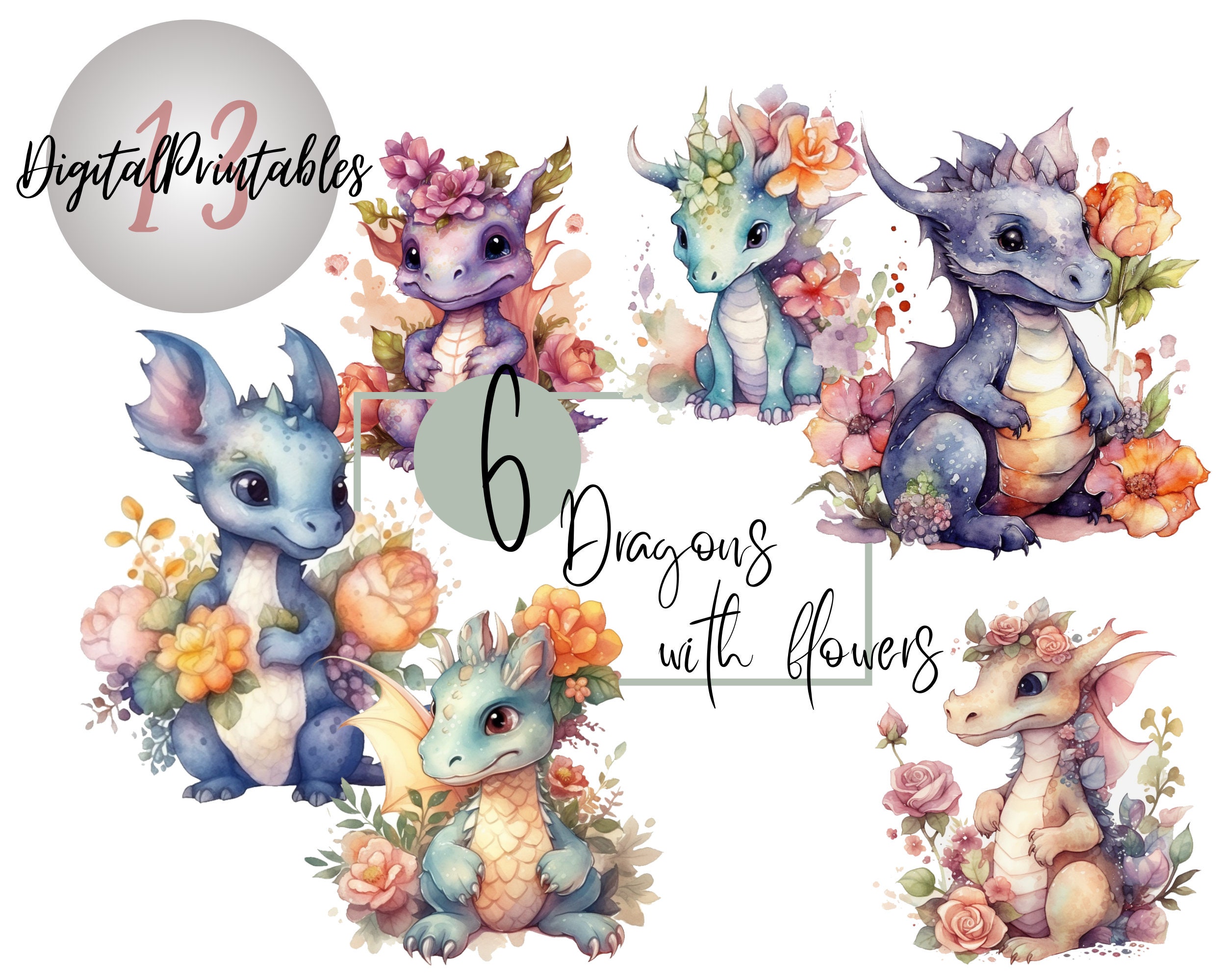 Cute Watercolor Dragons With Flowers Clipart, Floral Dragons Clipart ...
