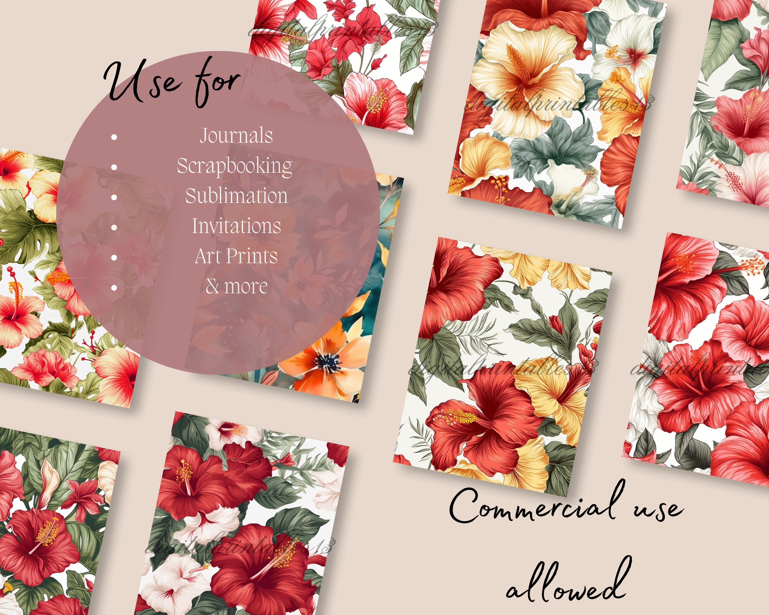 Hibiscus Digital Paper, Digital Download, Hibiscus Flower, Printable ...