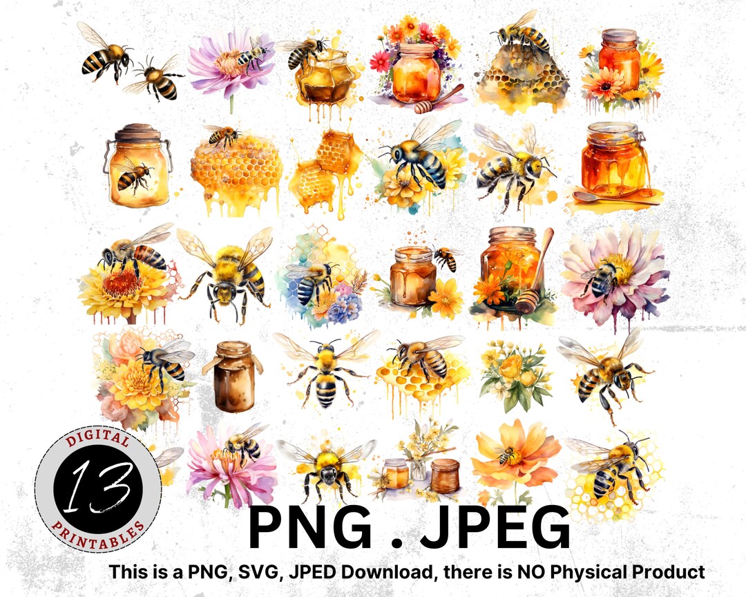 Watercolor Honey Bee Clipart, Honey Comb Clipart, Digital PNG, Bees ...
