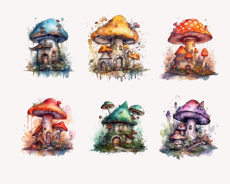 30 Watercolor Magical Mushroom House Clip Art, Fantasy Watercolor ...