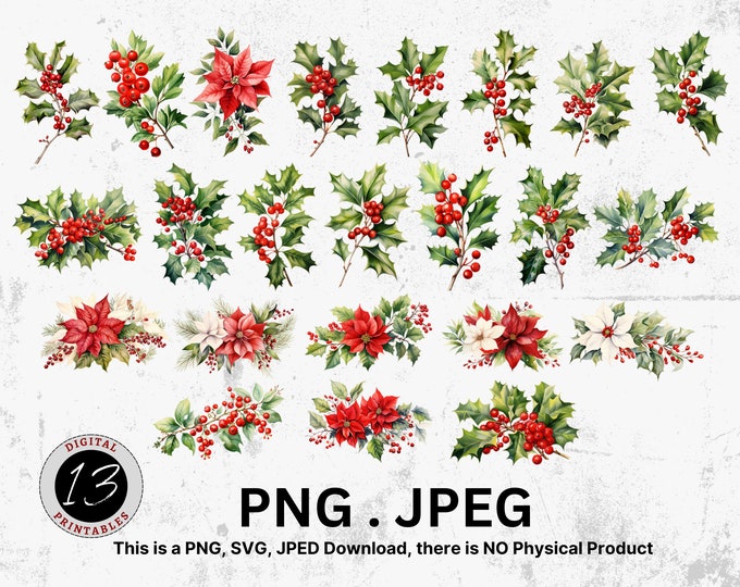 Christmas Holly Watercolor Clipart | 10 High Quality JPG | Christmas ...