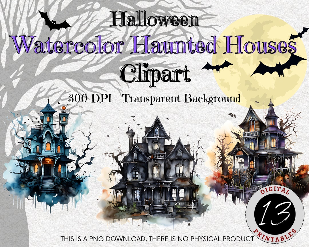 Haunted House Bundle Clipart, Watercolor Haunted House PNG, Watercolor ...