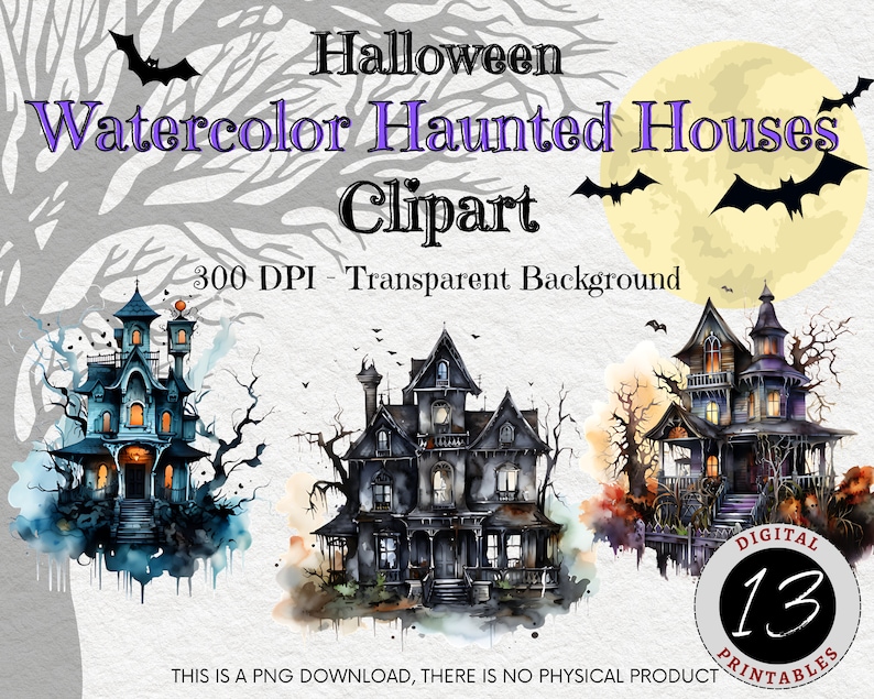 Haunted House Bundle Clipart, Watercolor Haunted House PNG, Watercolor ...
