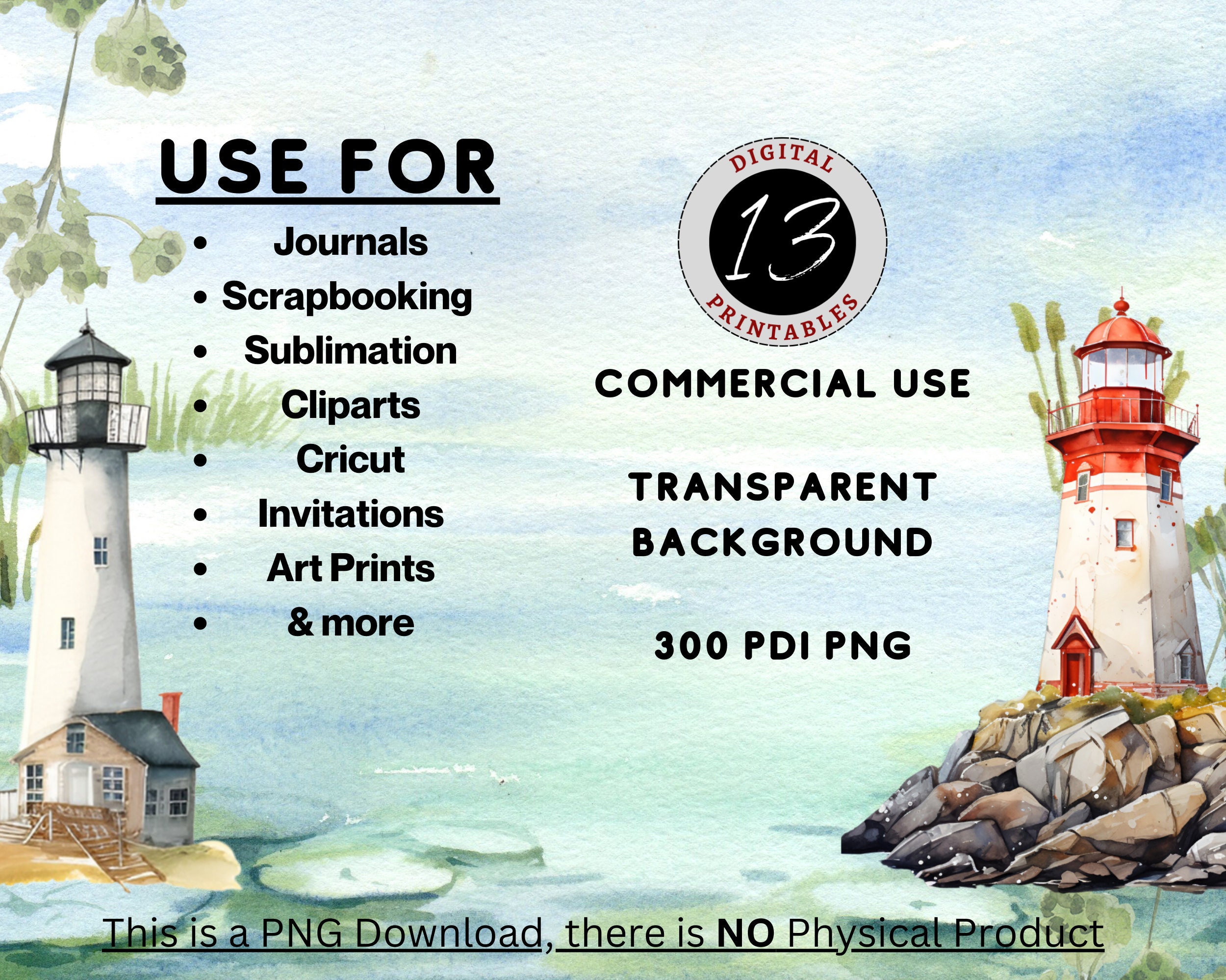 Watercolor Lighthouse Clipart, Digital Lighthouse, Sublimation Design, Watercolor Clipart ...