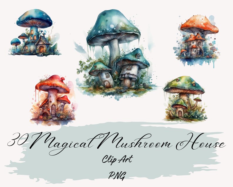 30 Watercolor Magical Mushroom House Clip Art, Fantasy Watercolor Mushrooms, Magic, Occult ...