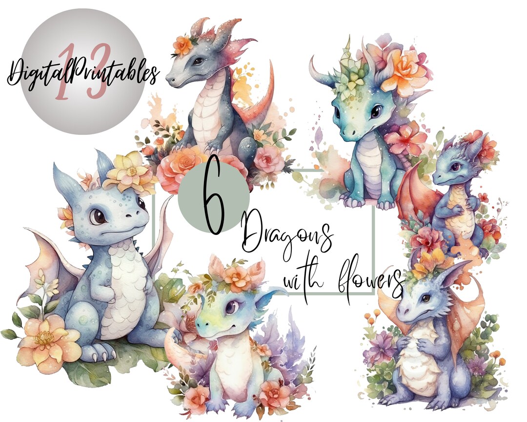 Cute Watercolor Dragons With Flowers Clipart, Floral Dragons Clipart ...
