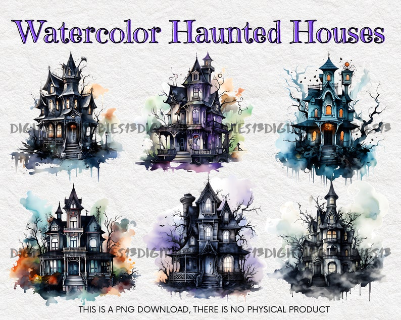 Haunted House Bundle Clipart, Watercolor Haunted House PNG, Watercolor ...