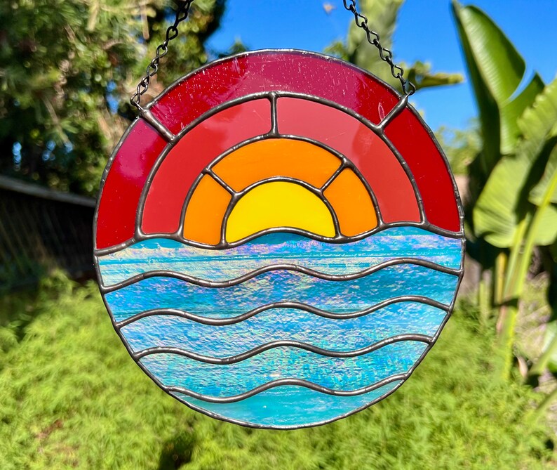 Ocean Sunset Stained Glass Pattern Stained Glass Patterns Stained Glass Suncatcher Stained Glass ...