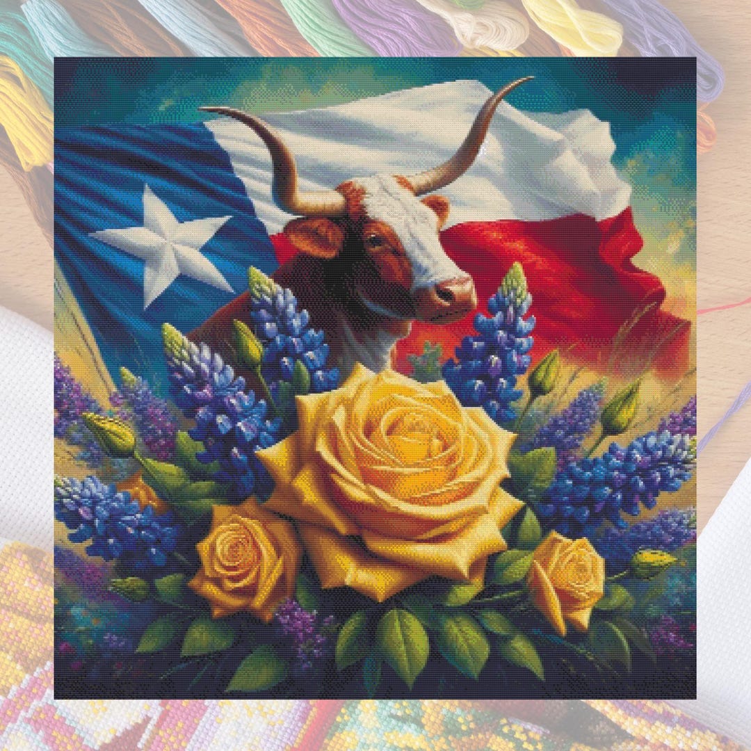 Cross Stitch Pattern, Texas, Bluebonnets, Longhorn, Yellow Rose, Texas ...