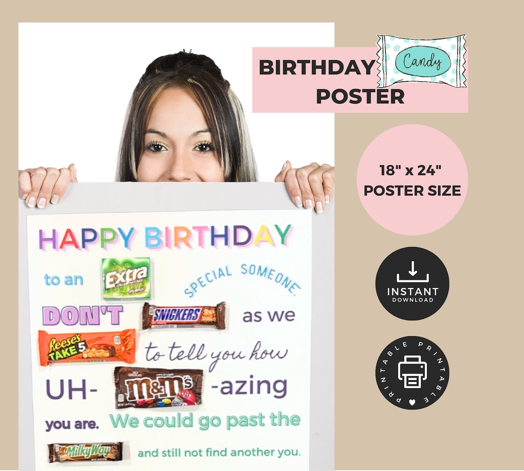 Happy Birthday PRINTABLE Candy Poster Fun Candy Birthday Gift - Etsy