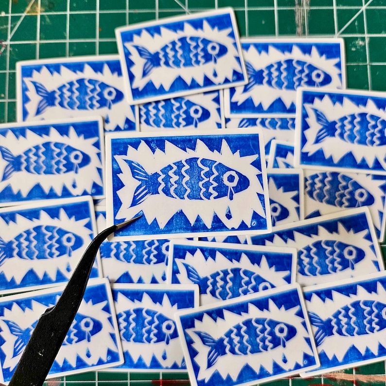 Blue Fish - Linocut Vinyl Matte Sticker - Etsy