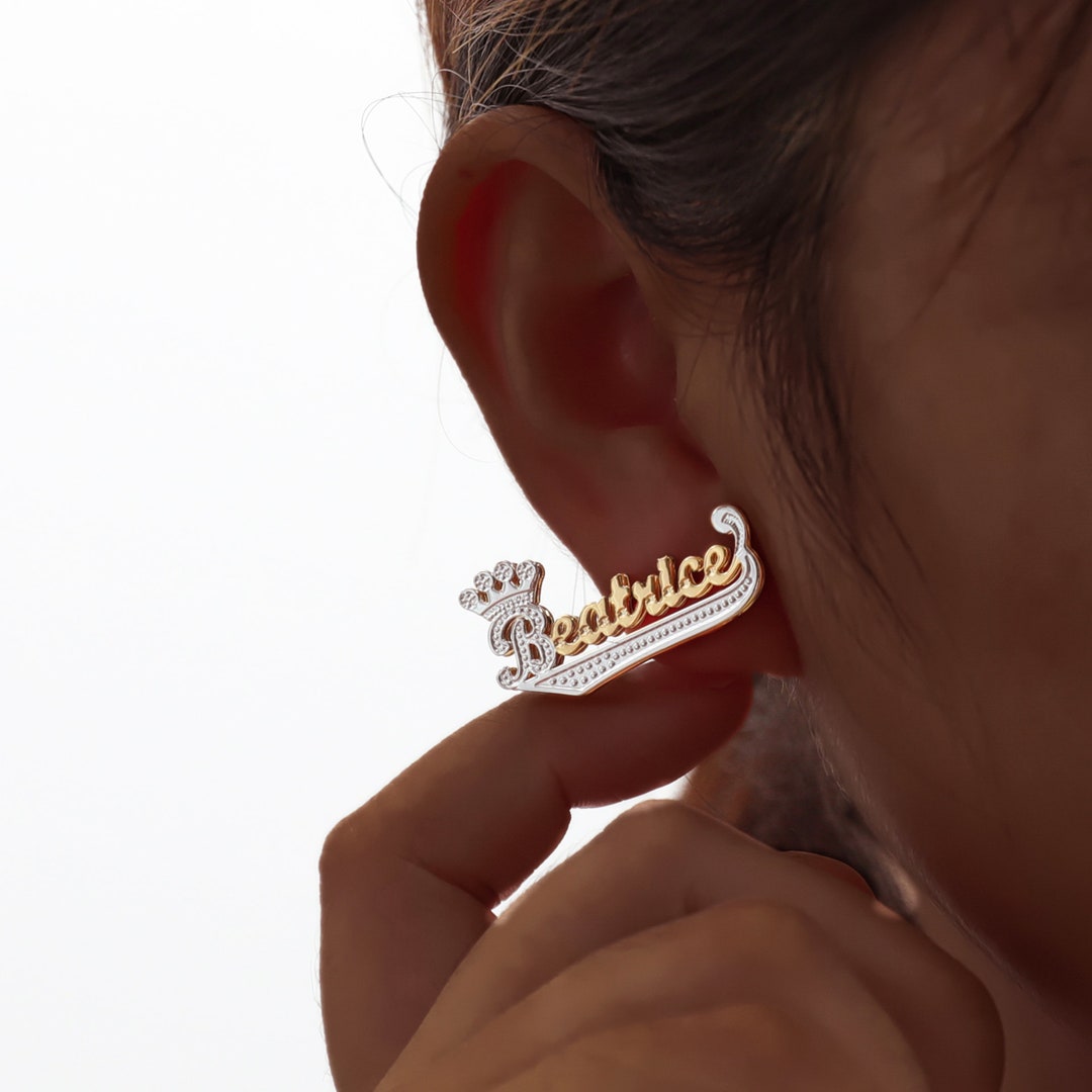 Double Nameplate Crown Earringpersonalized Name Earring3d - Etsy