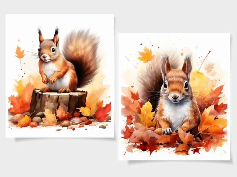Watercolor Fall Squirrel Clipart - 14 Jpgs Autumn Leaves Cute Woodland ...