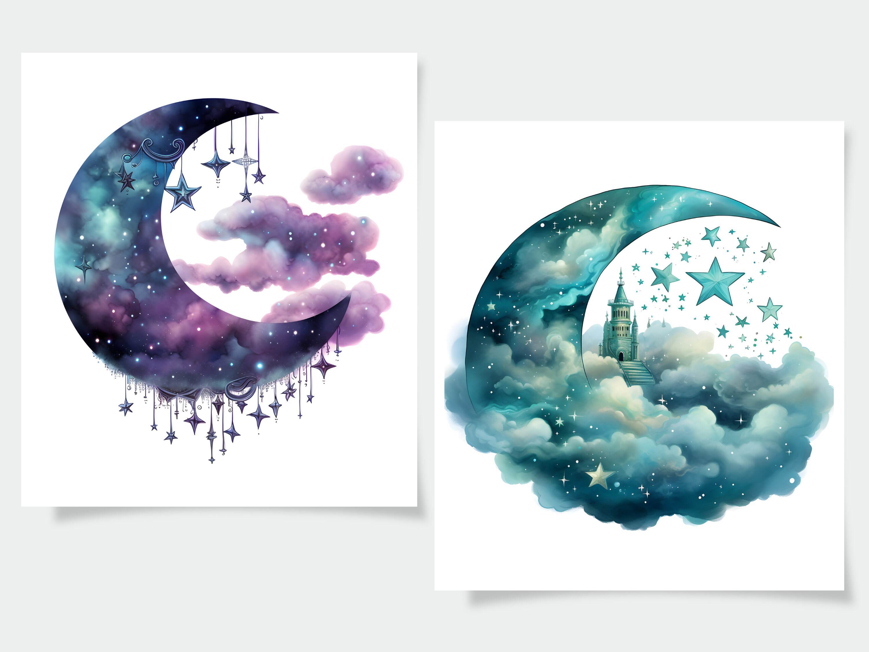 Celestial Clipart Dreamy Crescent Moon Stars Clouds Cute Boho Cosmic ...