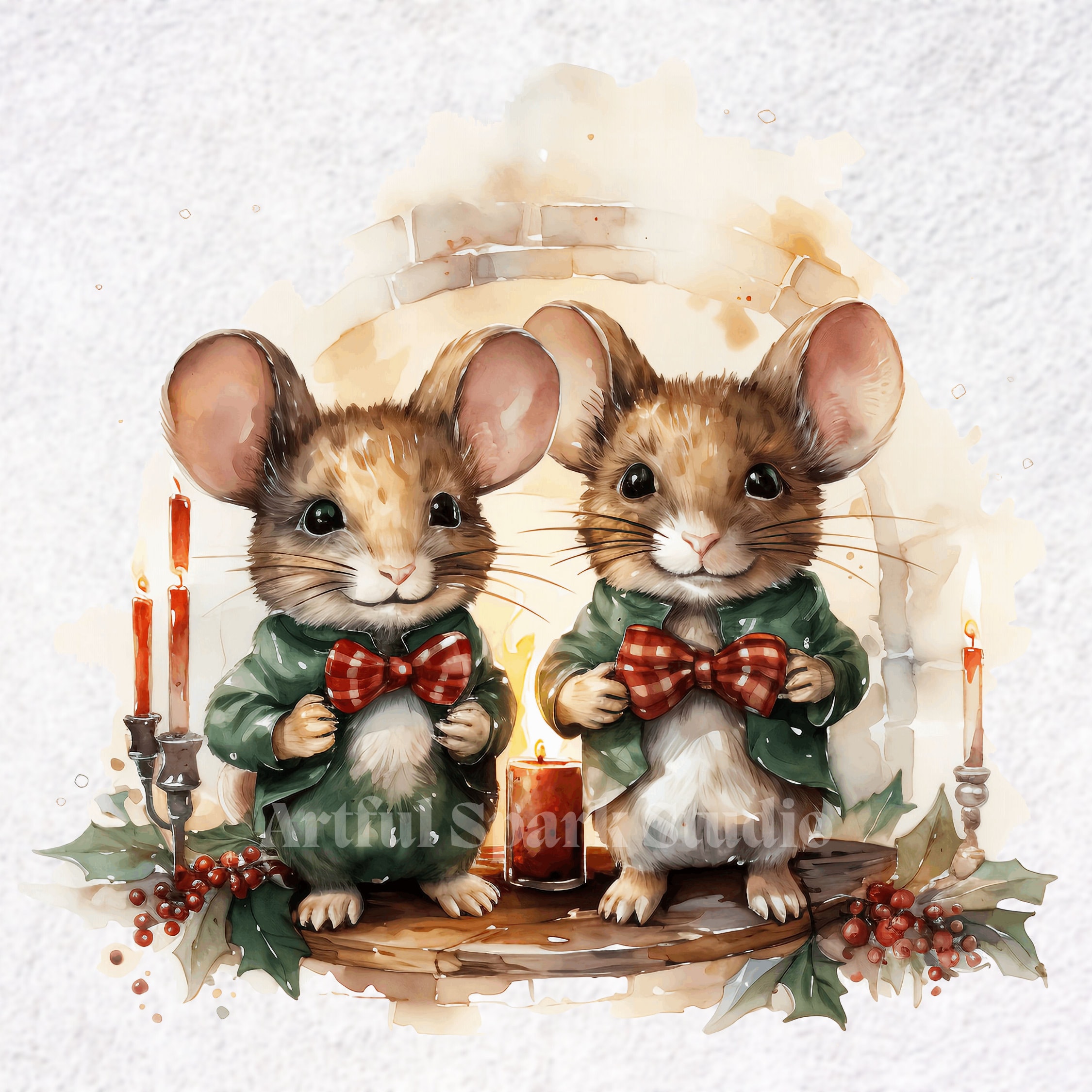 Christmas Mice Clipart PNG Mice Bow Tie Warm Fireplace Ambient - Etsy