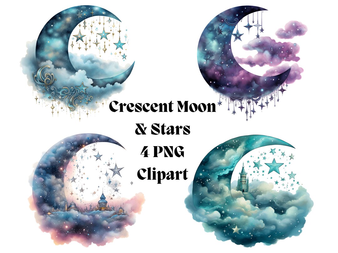 Dreamy Celestial Clipart PNG Crescent Moon Stars Cute Boho Cosmic Lunar ...