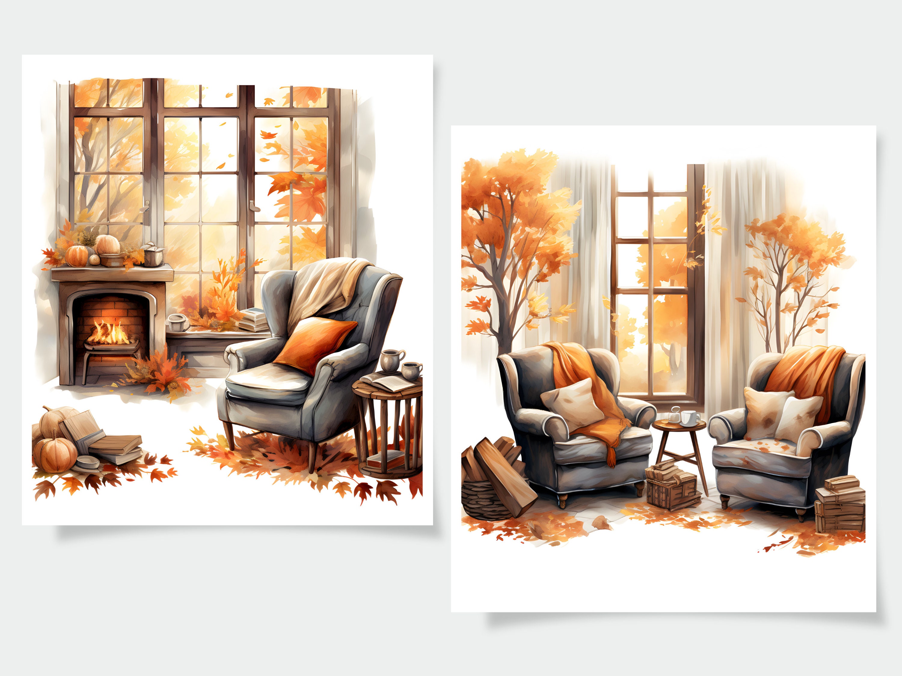 Autumn Reading Nook Clipart Fall Window View Cozy Fireplace Books Home ...