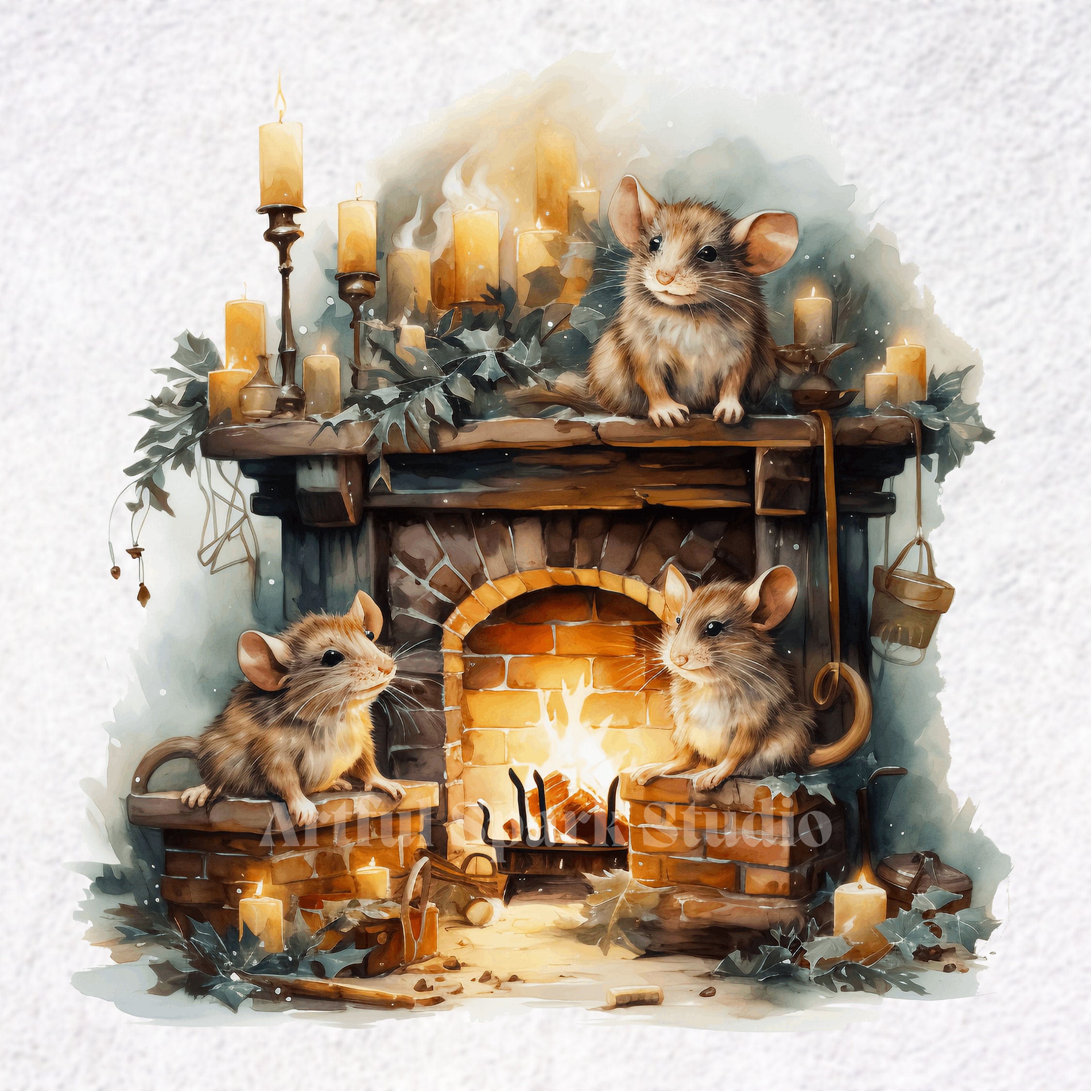 Mice Family Fireplace Clipart PNG Warm Cozy Mice Cute Mouse Winter ...