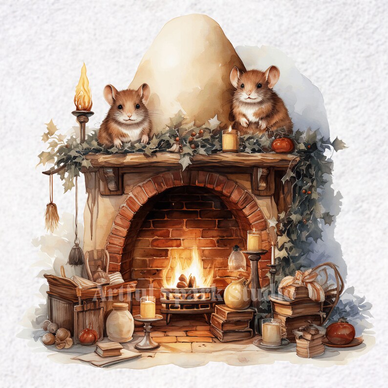 Mice Family Fireplace Clipart PNG Warm Cozy Mice Cute Mouse Winter ...