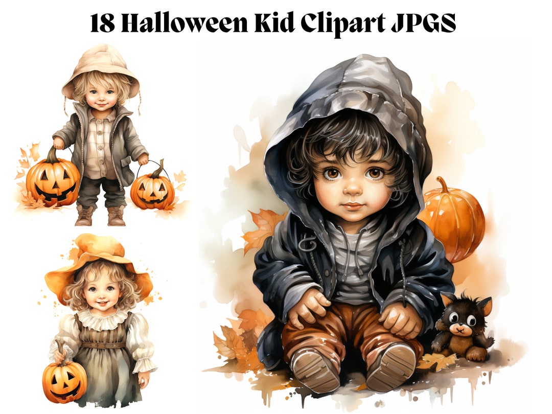 Watercolor Halloween Kid Clipart Children Dressed Trick or Treat Spooky ...