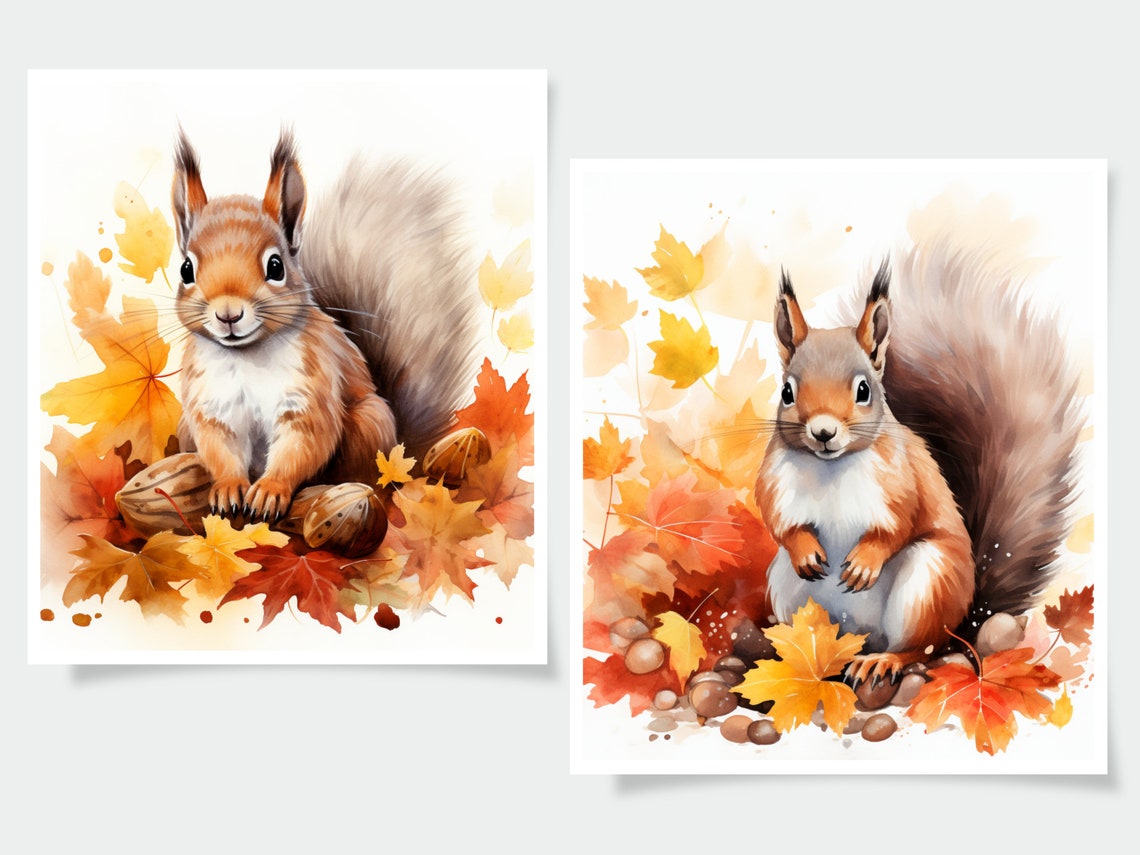 Watercolor Fall Squirrel Clipart - 14 Jpgs Autumn Leaves Cute Woodland ...