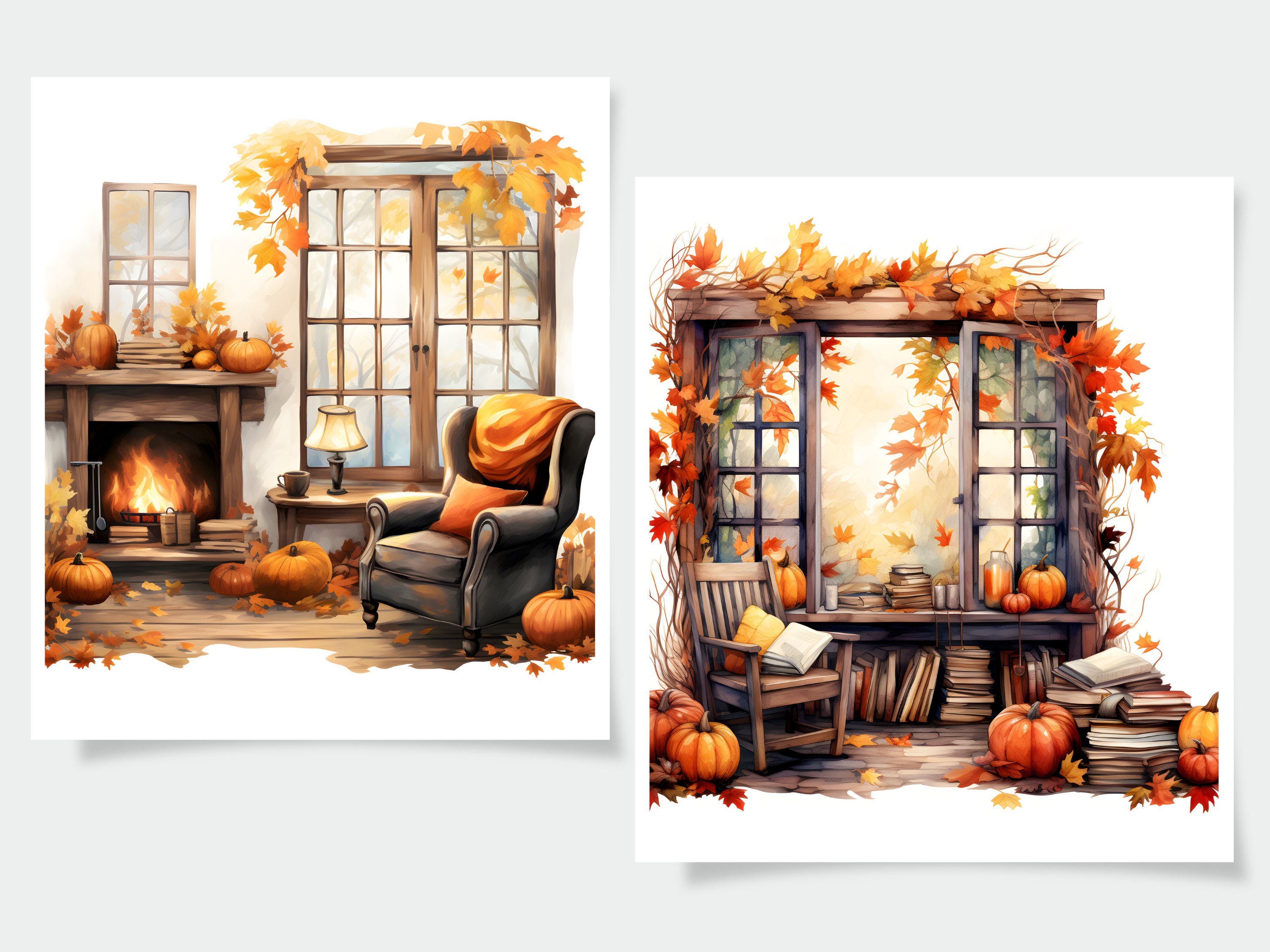 Autumn Reading Nook Clipart Fall Window View Cozy Fireplace Books Home ...