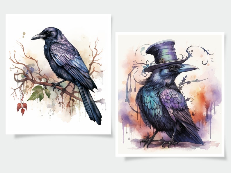 Watercolor Black Magical Crow Clipart Halloween Mysterious Crow Mystic ...