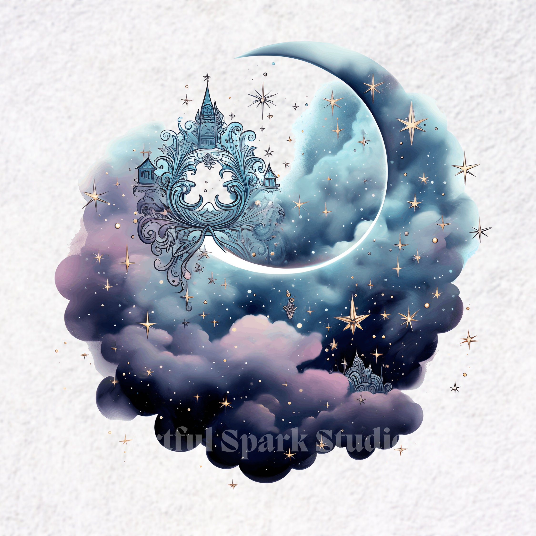 Dreamy Celestial Clipart Crescent Moon Cute Cosmic Lunar Night Sky ...