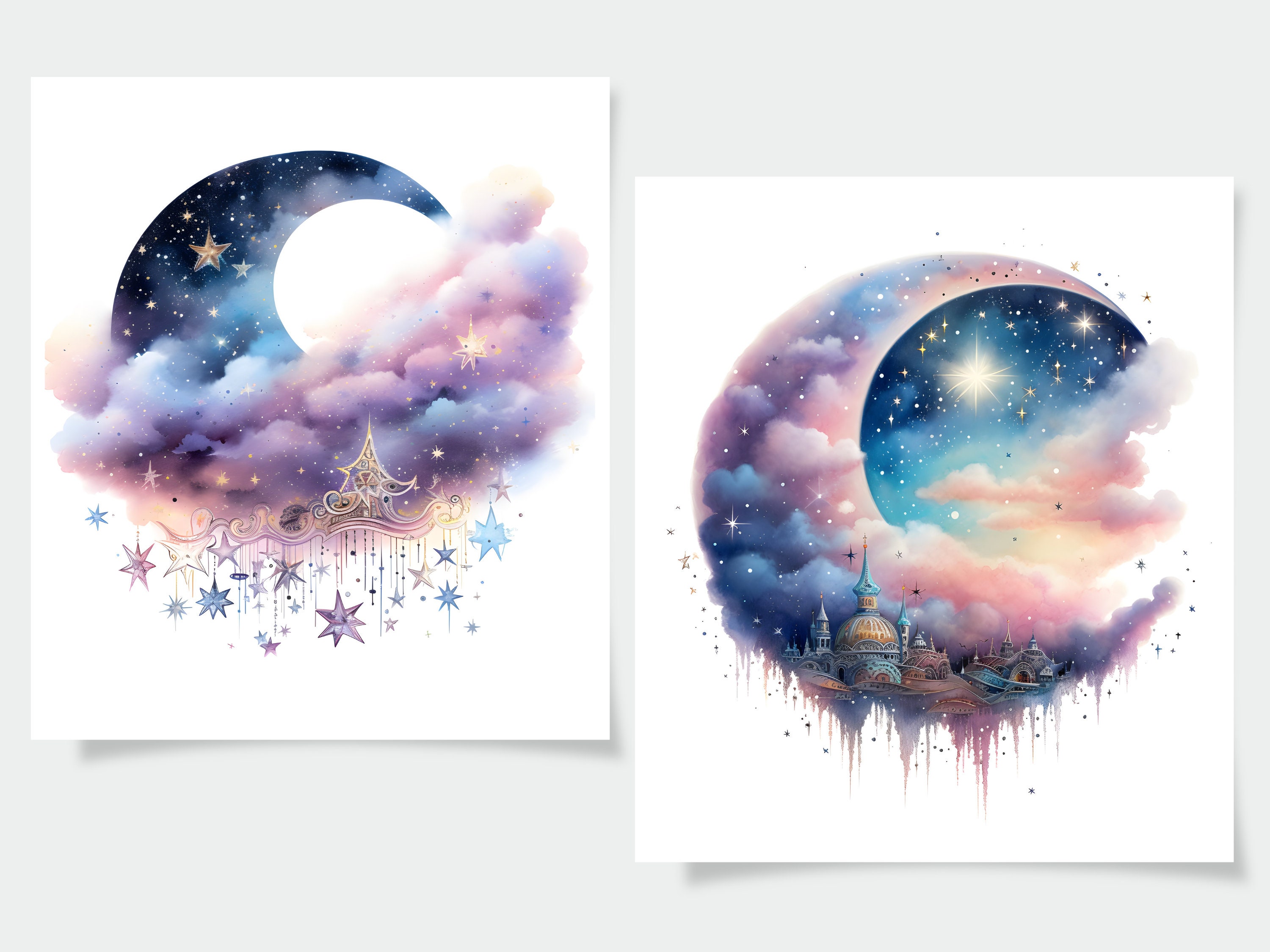 Celestial Clipart Dreamy Crescent Moon Stars Clouds Cute Boho Cosmic ...