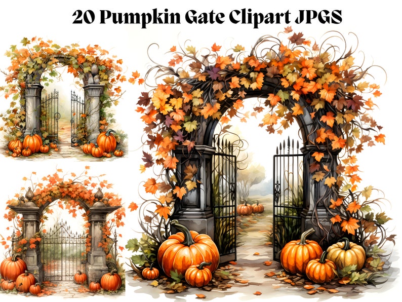 Pumpkin Gate Clipart Fall Secret Garden Arch Autumn Leaves Vintage ...