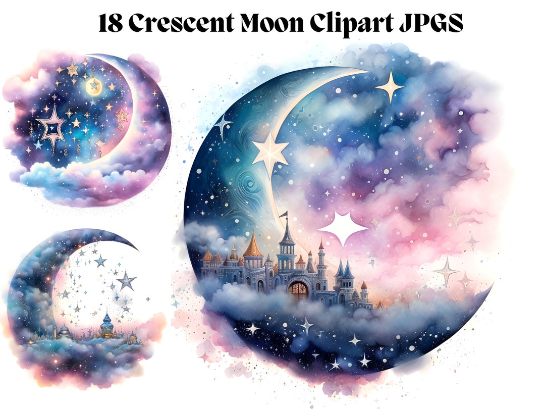 Celestial Clipart Dreamy Crescent Moon Stars Clouds Cute Boho Cosmic ...