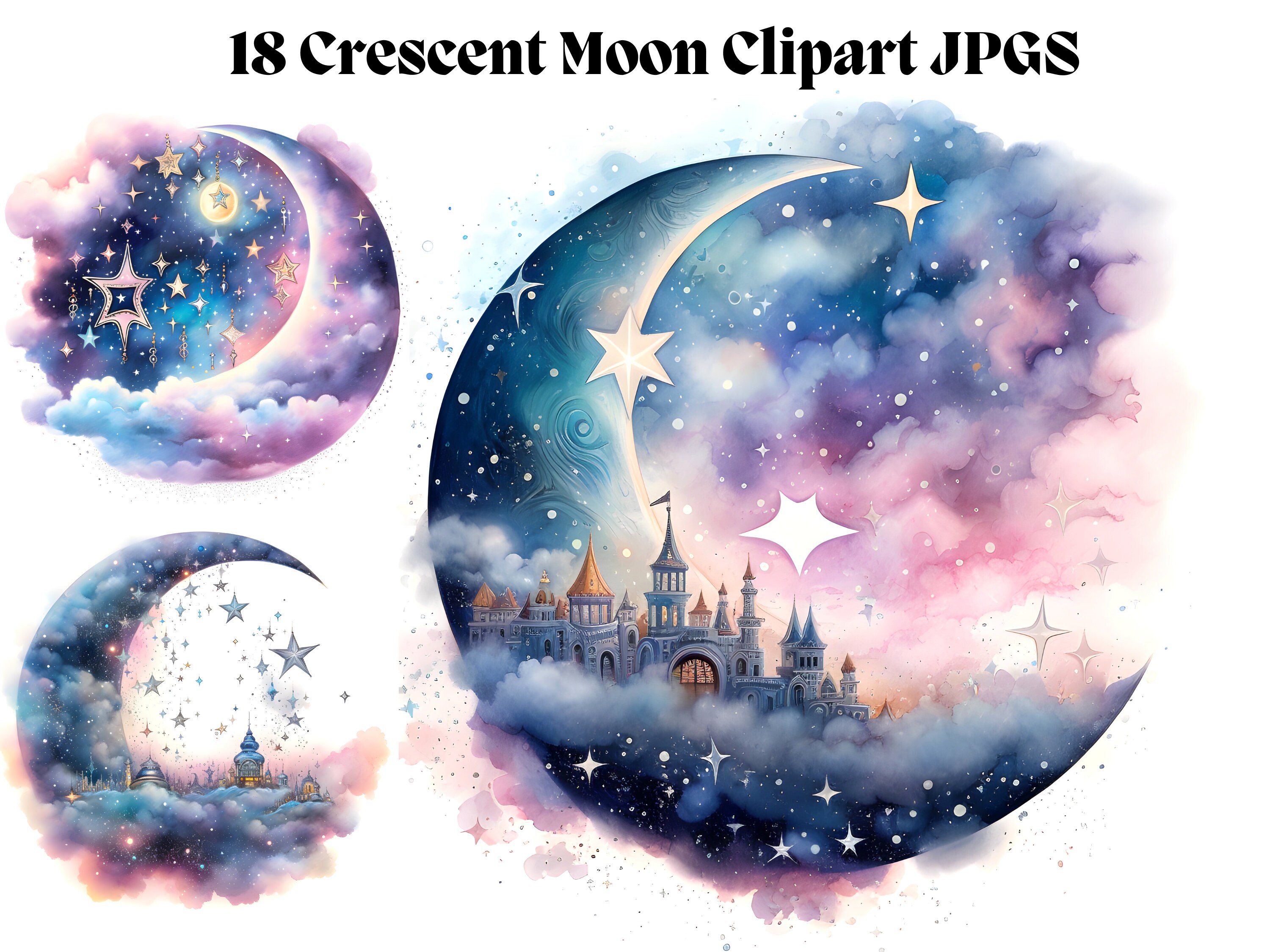 Celestial Clipart Dreamy Crescent Moon Stars Clouds Cute Boho Cosmic ...