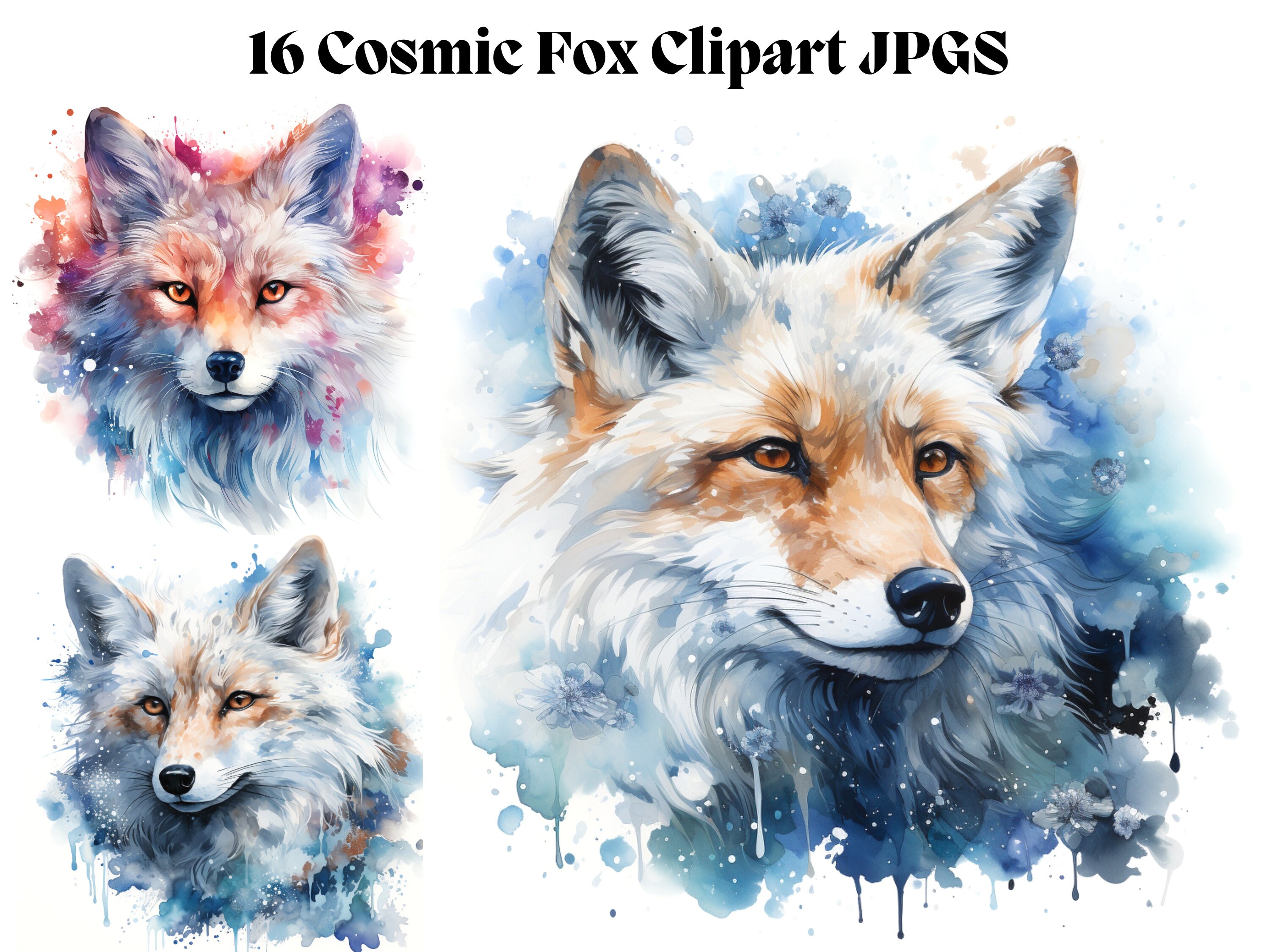Watercolor Cosmic Fox Clipart - 16 Jpgs Mystic Aesthetics Charming ...