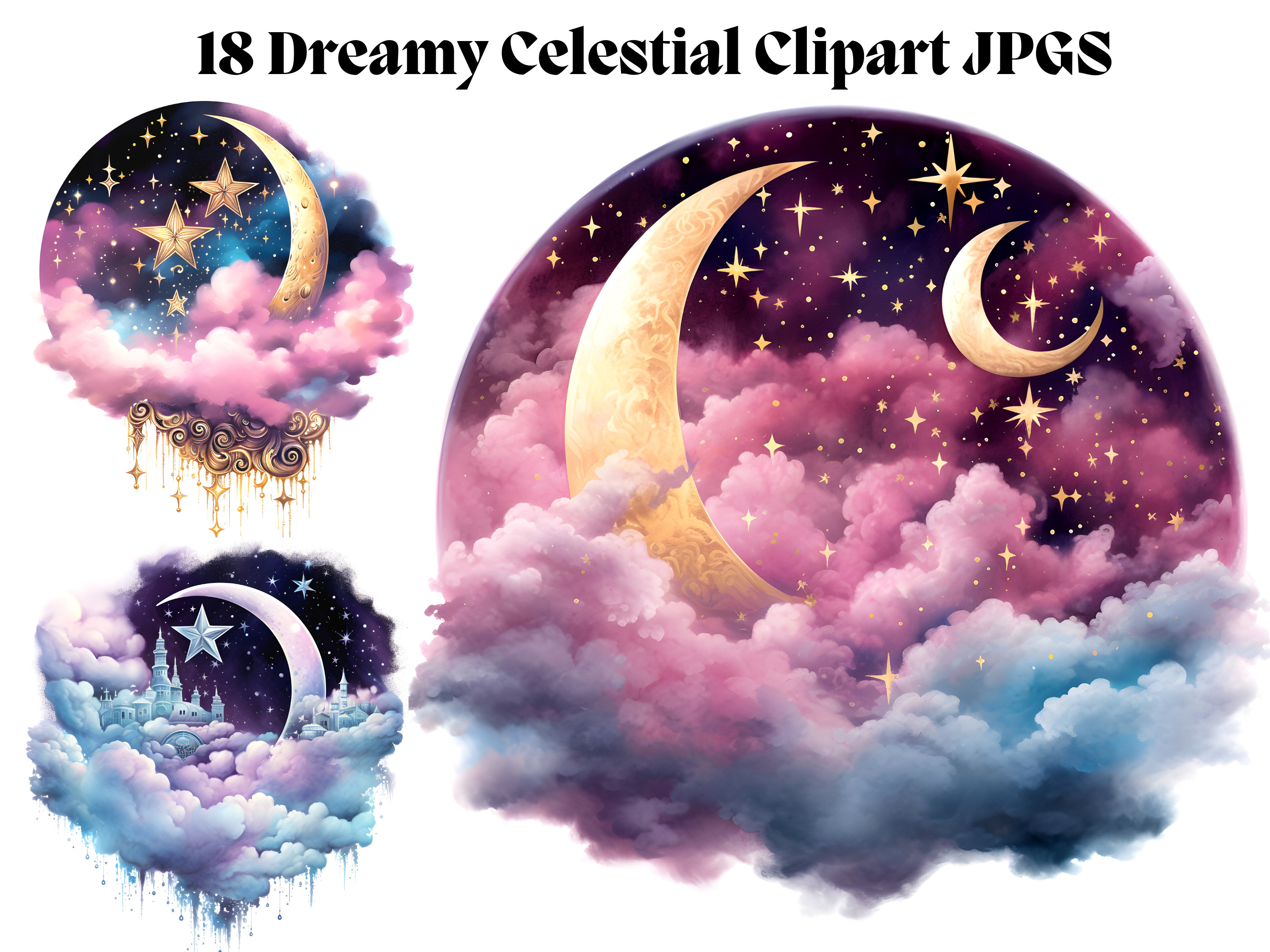 Dreamy Celestial Clipart Cute Boho Cosmic Lunar Night Sky Clouds ...