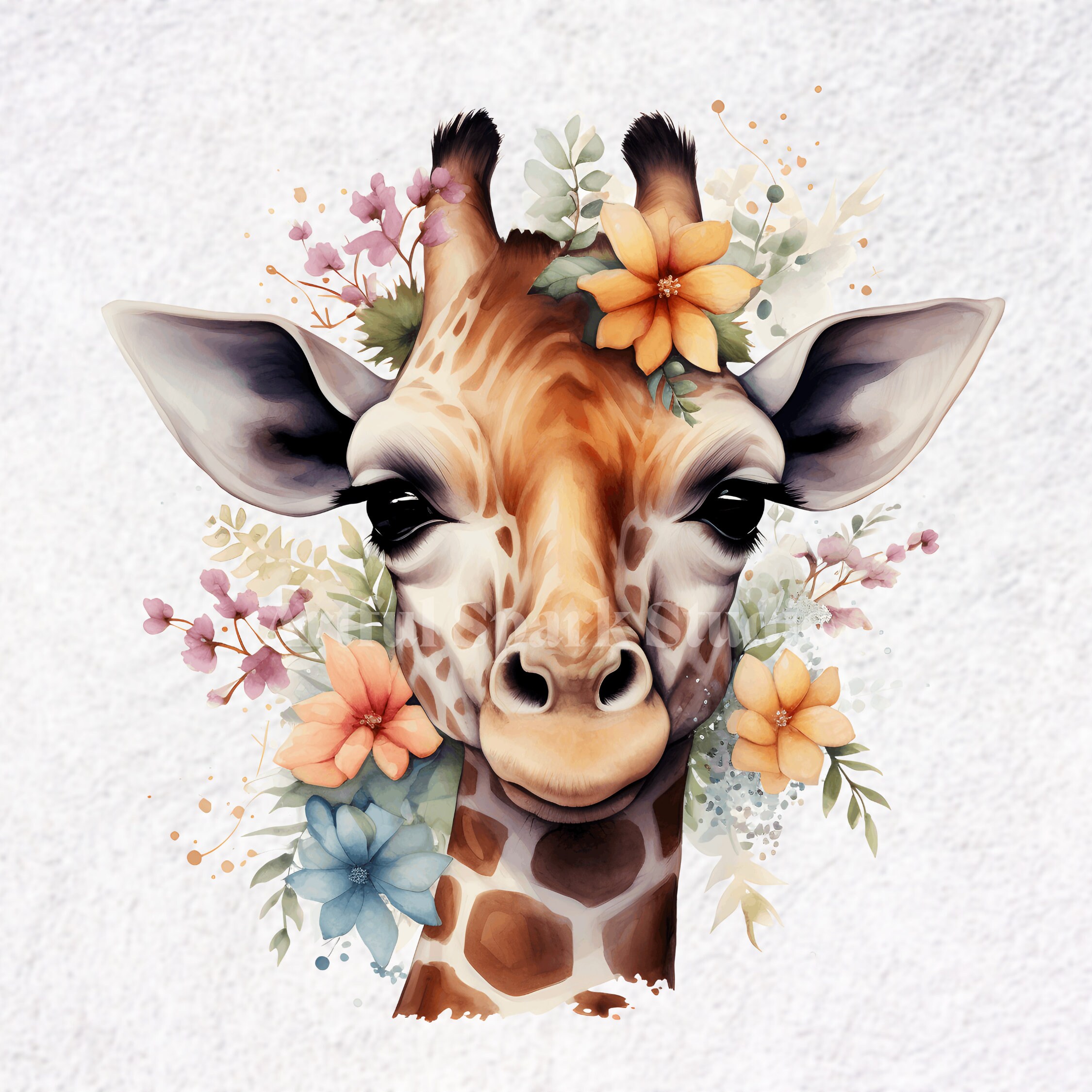Watercolor Floral Giraffe Clipart PNG Flower Crown Cute Safari Zoo ...