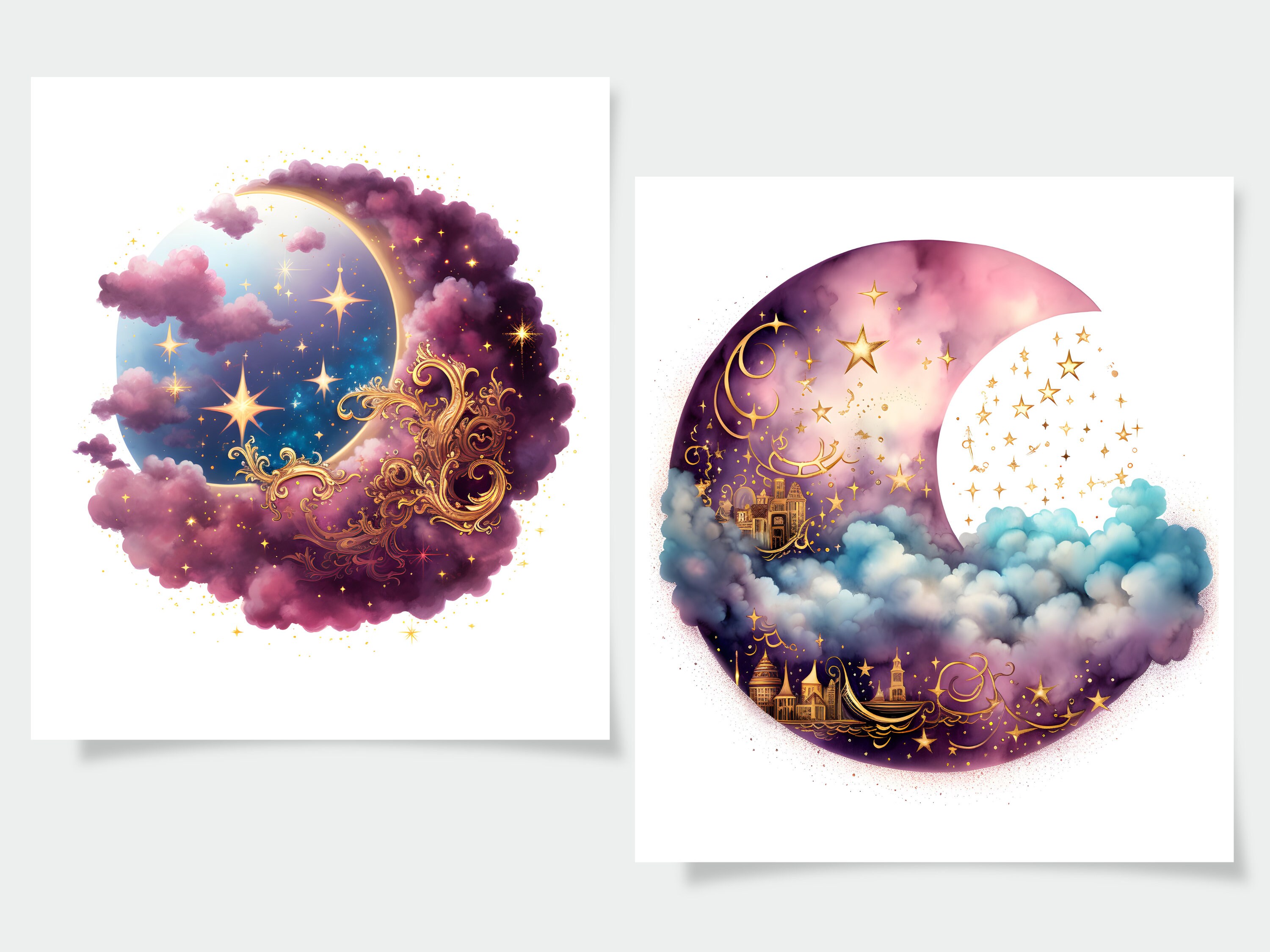 Celestial Clipart Dreamy Crescent Moon Stars Clouds Cute Boho Cosmic ...