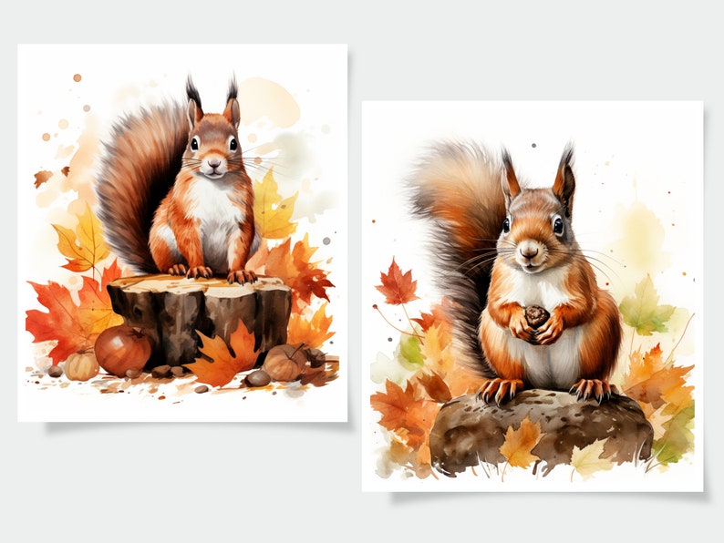 Watercolor Fall Squirrel Clipart - 14 Jpgs Autumn Leaves Cute Woodland ...