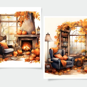 Autumn Reading Nook Clipart Fall Window View Cozy Fireplace Books Home ...