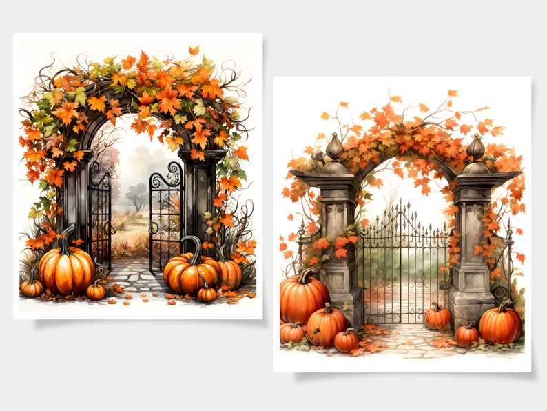 Pumpkin Gate Clipart Fall Secret Garden Arch Autumn Leaves Vintage ...