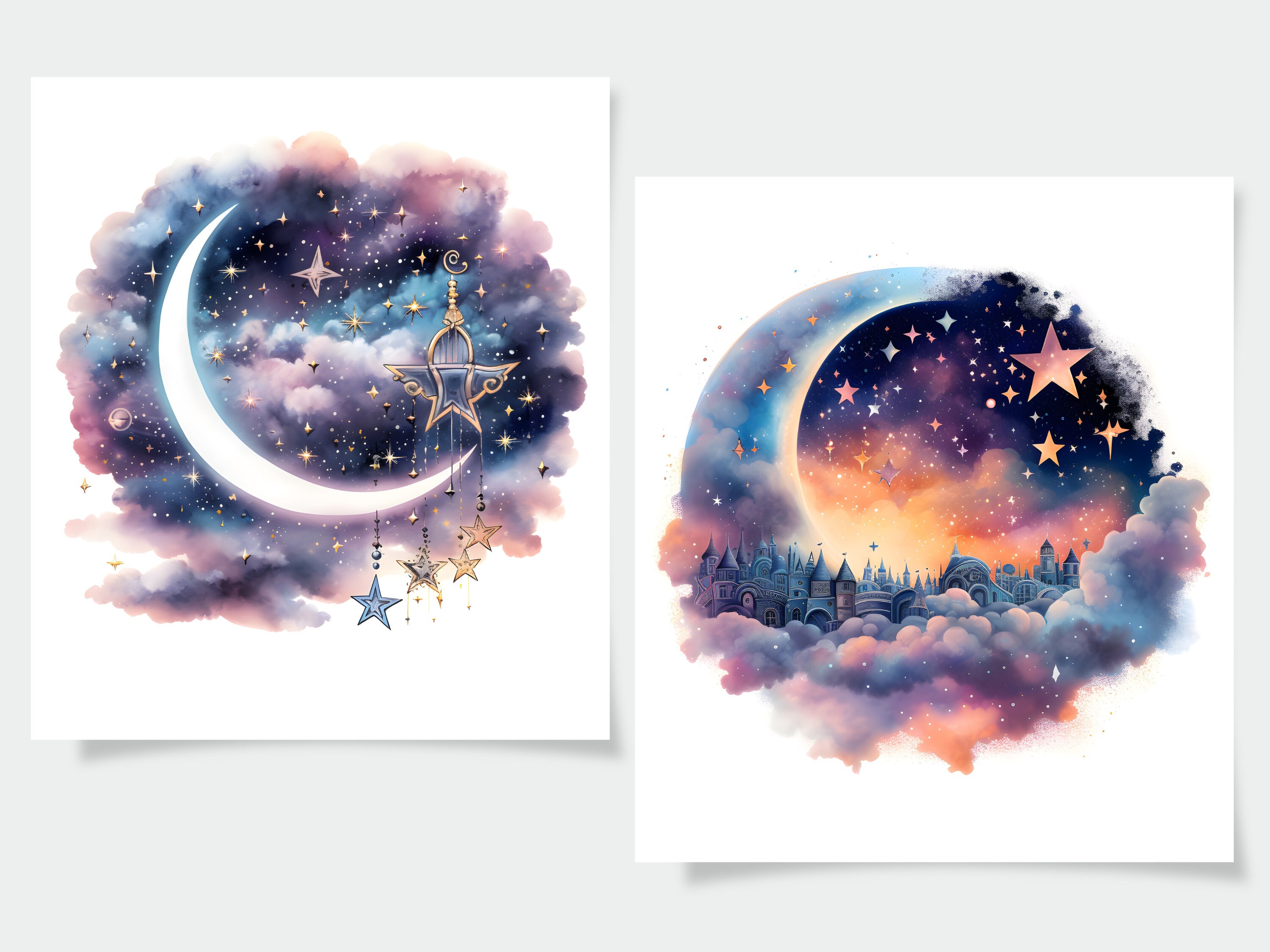 Dreamy Celestial Clipart Cute Boho Cosmic Lunar Night Sky Clouds ...