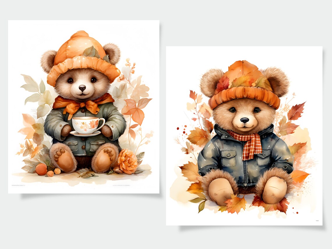 Autumn Teddy Bear Clipart Fall Teddy Cozy Sweater Hat Tea Cup Cute ...