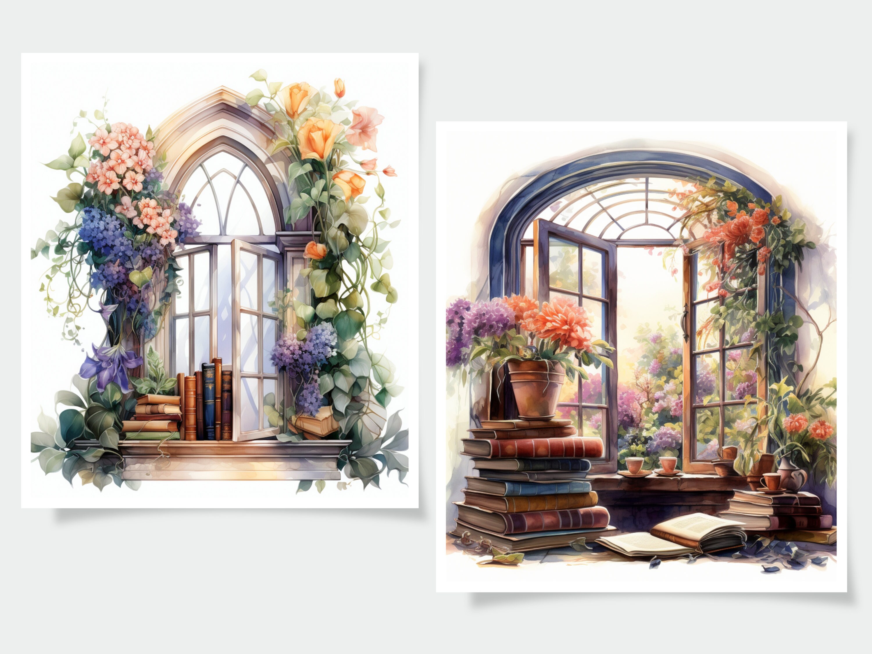 Floral Window and Books Clipart 14 Jpgs Watercolor Window Clipart Cute ...