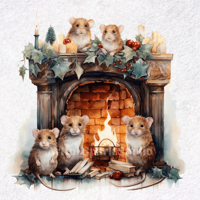 Mice Family Fireplace Clipart PNG Warm Cozy Mice Cute Mouse Winter ...