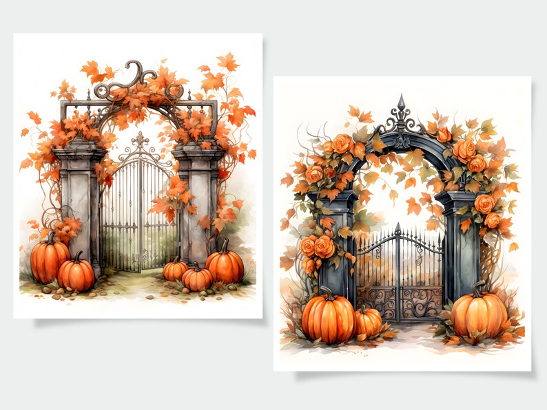 Pumpkin Gate Clipart Fall Secret Garden Arch Autumn Leaves Vintage ...