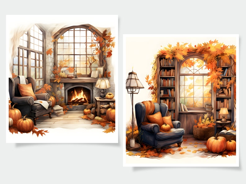 Autumn Reading Nook Clipart Fall Window View Cozy Fireplace Books Home ...