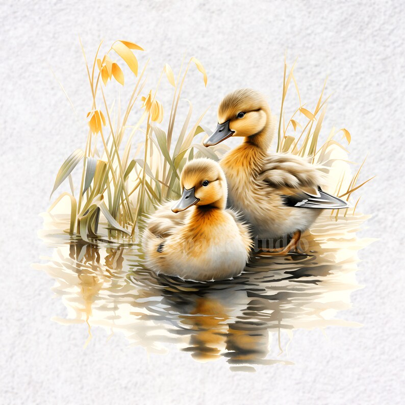 Duckling Clipart PNG Cute Yellow Duckling in Pond Ferns Cornstalk Bird ...