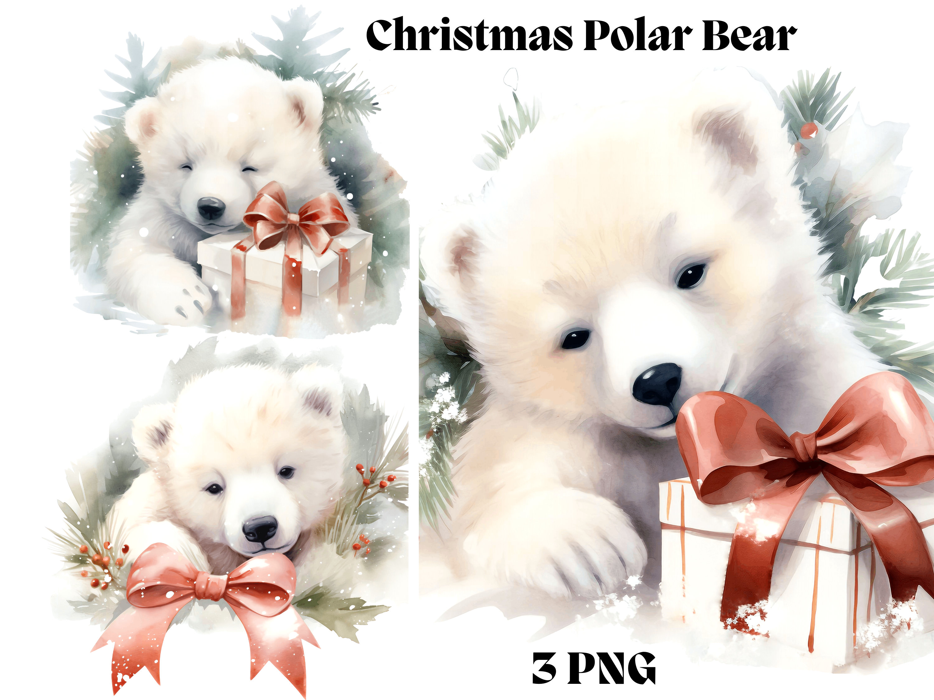 Polar Bear Christmas Clipart PNG Festive White Bear Gift Cute Animal ...