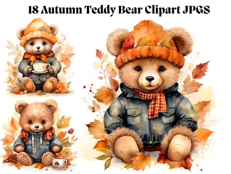 Autumn Teddy Bear Clipart Fall Teddy Cozy Sweater Hat Tea Cup Cute ...